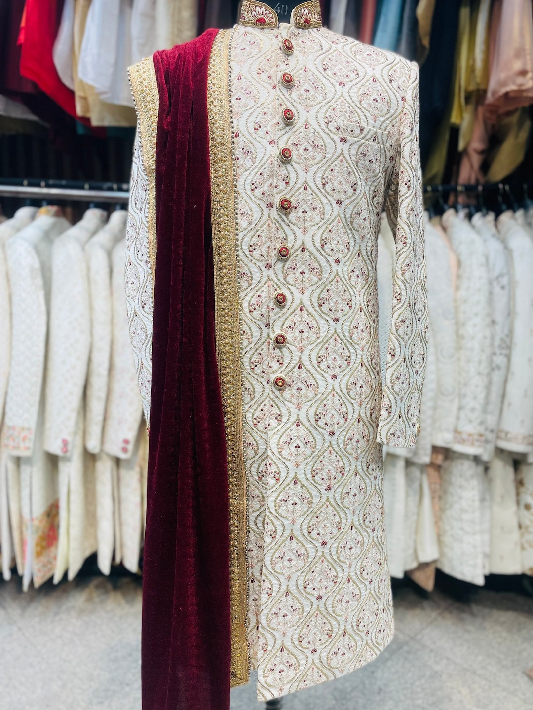 Hand Embroidered Silk Sherwani Set: Ivory Gold Groom Outfit - Etsy