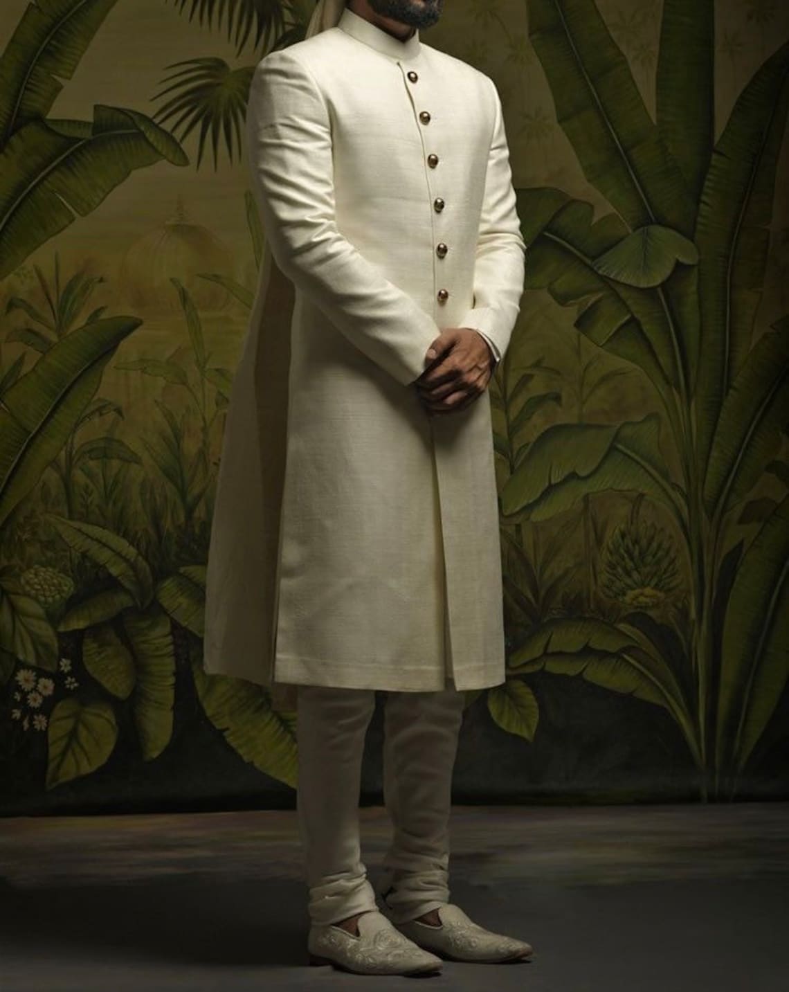 Ivory Coloured Silk Wedding Sherwani Pyjama Shoes Groom Sherwani Set ...