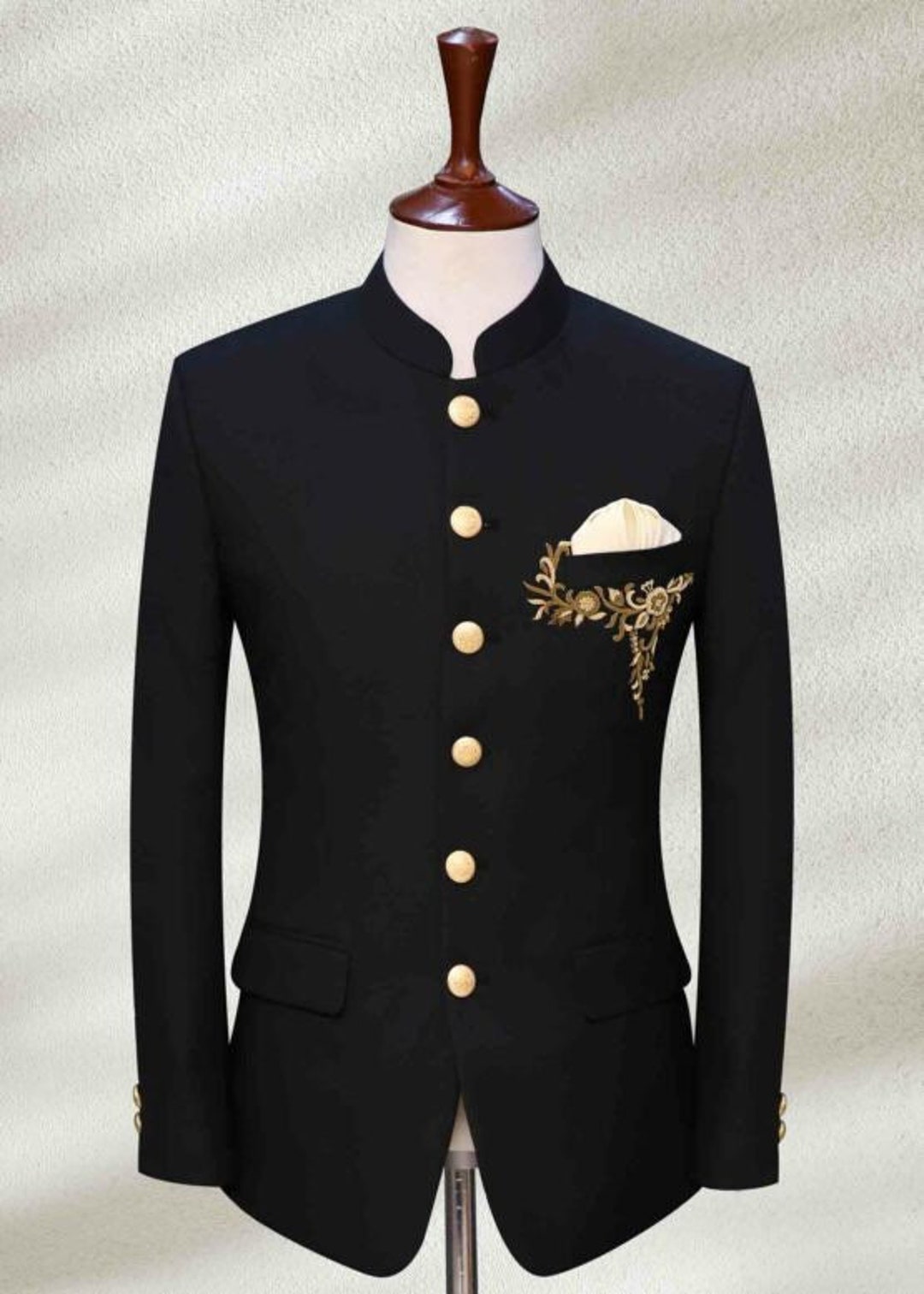 Embroidered Pocket Black Ban Collar Suit With Black Pants | Bandgala ...