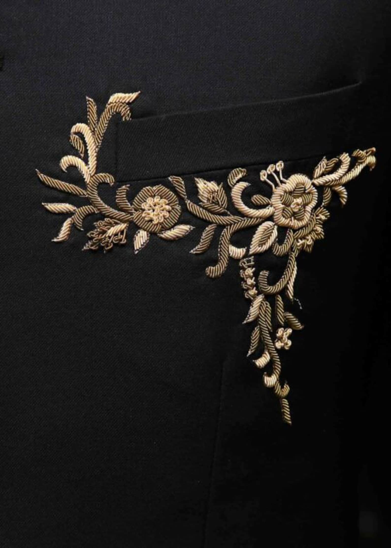 Embroidered Pocket Black Ban Collar Suit With Black Pants - Etsy