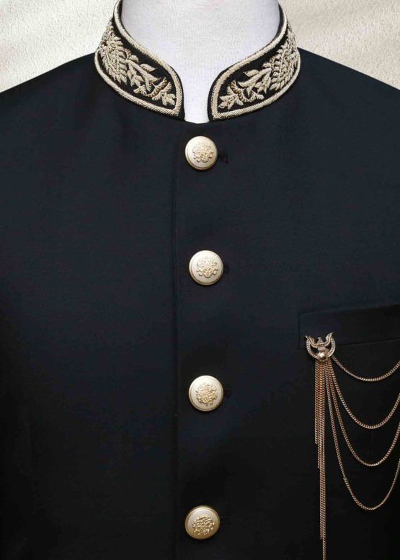 Embroidered Pocket Black Ban Collar Suit With Black Pants Bandgala Suit ...