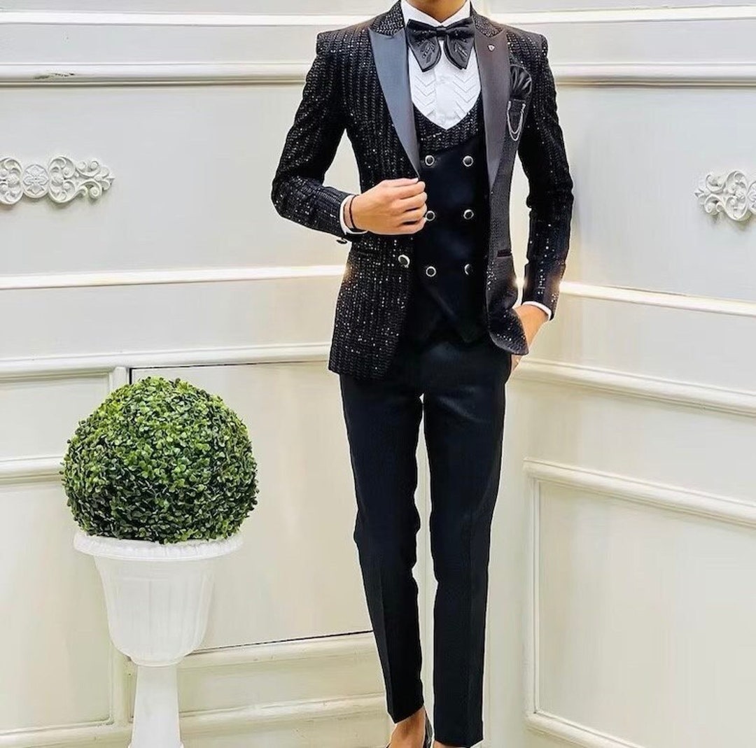 Black Hand Embroidered Cutdana Beads Work Suit for Wedding Engagement ...