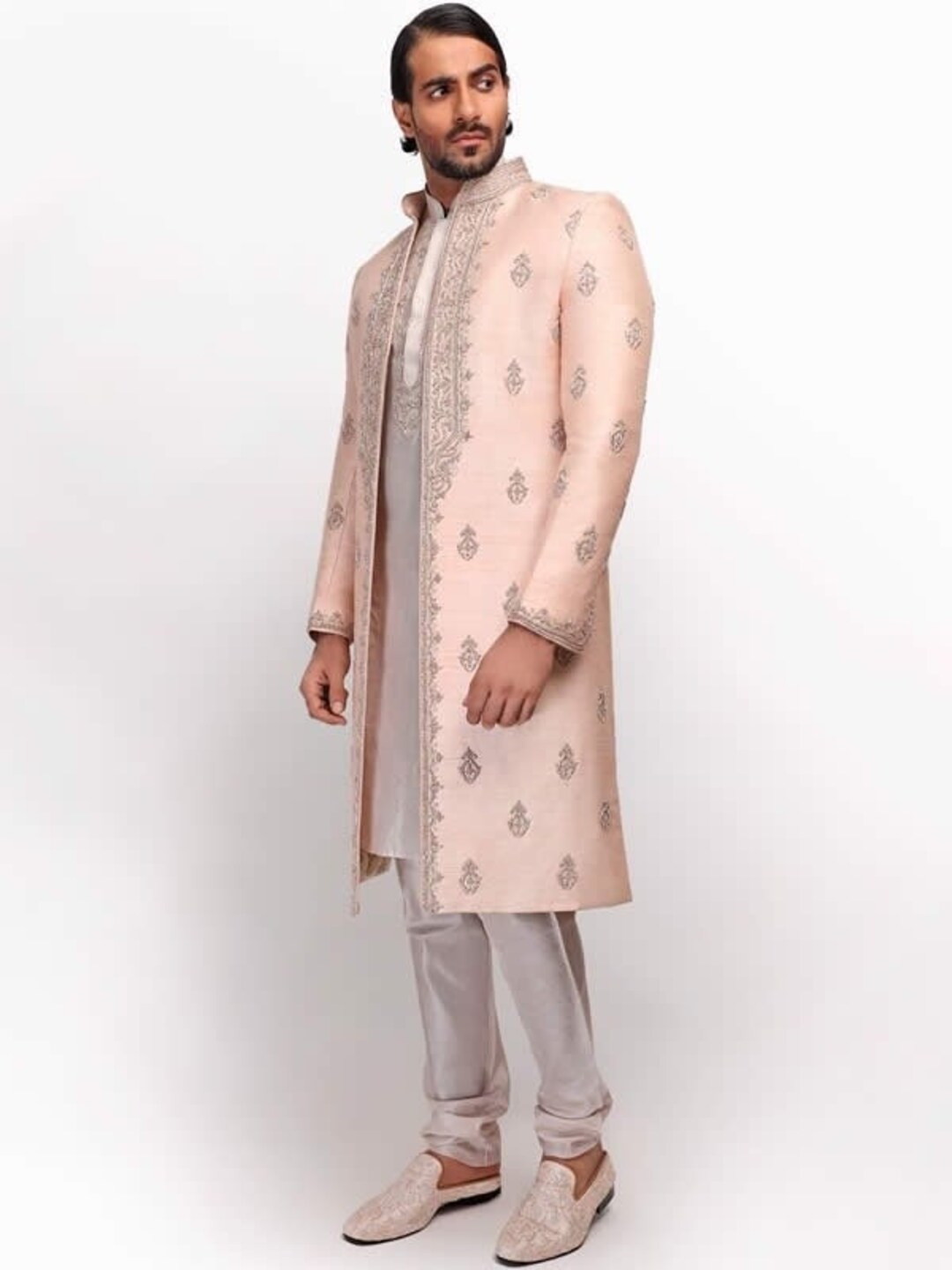 Front Open Hand Embroidery Silk Sherwani Kurta Pyjama and Shoes ...
