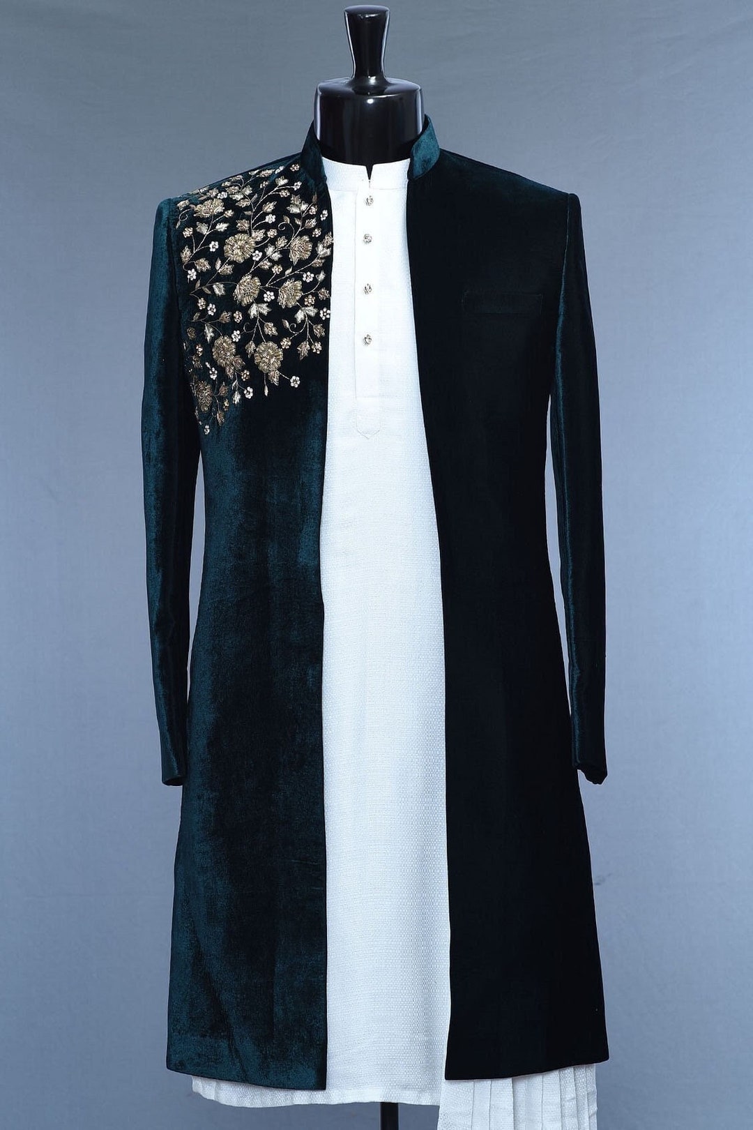 Emerald Green Velvet Sherwani: Embroidered Indian Wedding Suit - Etsy