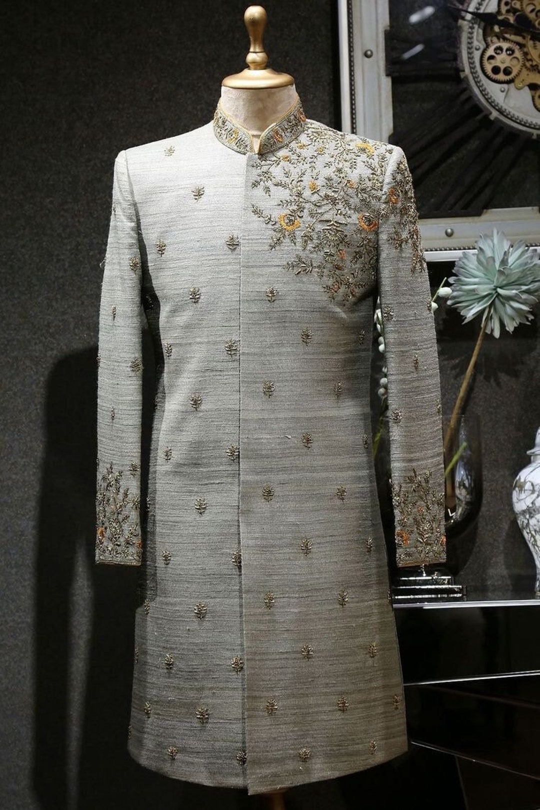 Grey Embroidered Raw Silk Sherwani Set: Groom Wedding Kurta - Etsy