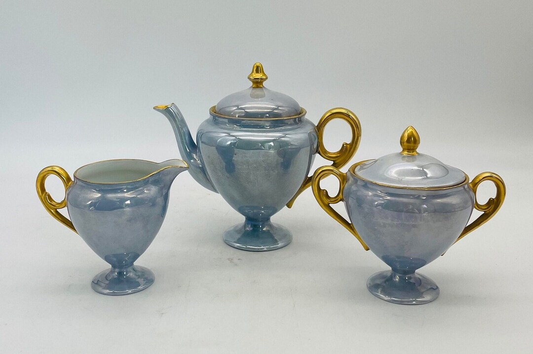 Antique Prov Saxe ES Light Blue & Gold Lustreware Teapot, Creamer and ...