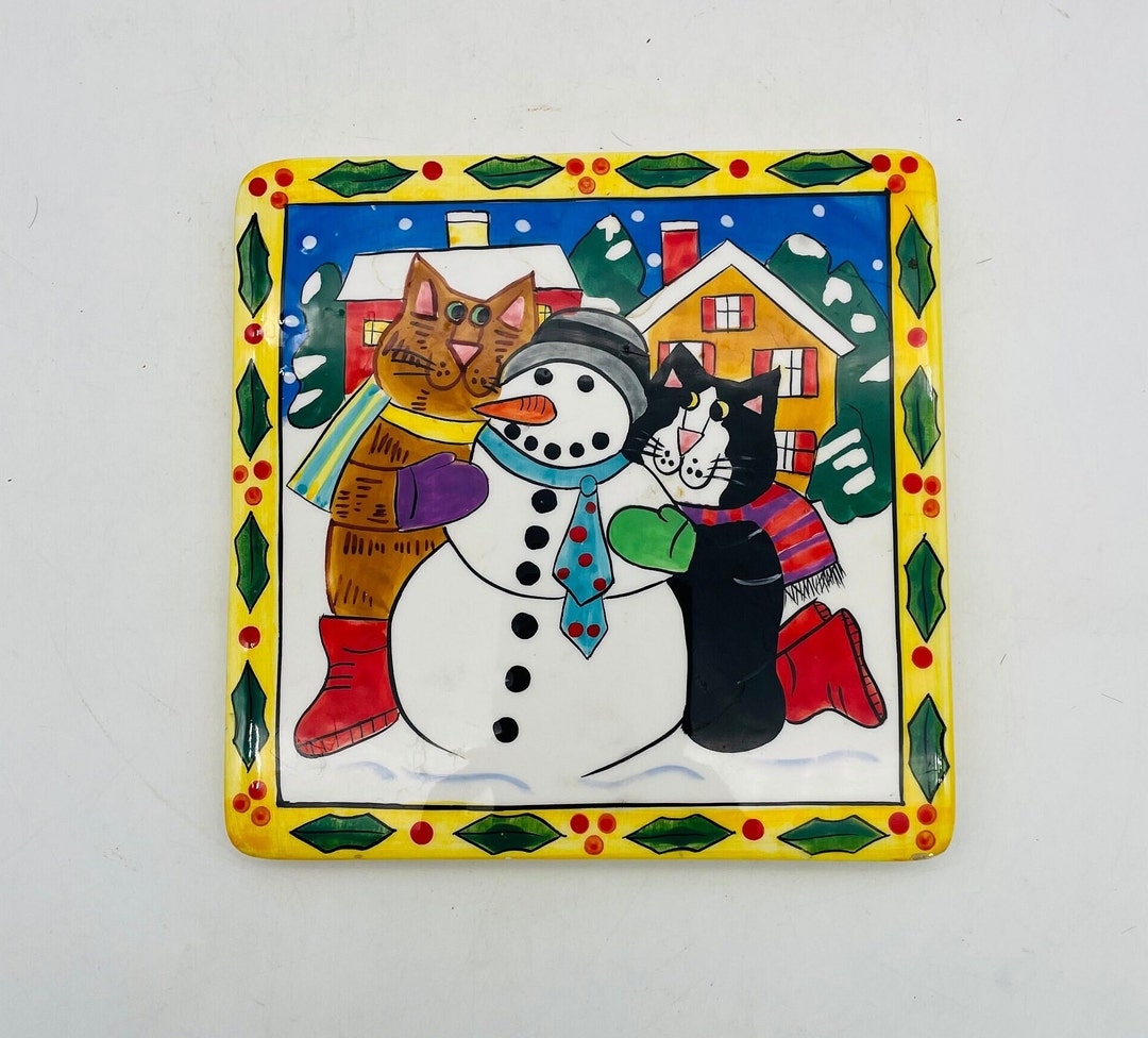Catzilla Ceramic Snowman and Cats Holiday Trivet/2001 Candace Reiter ...