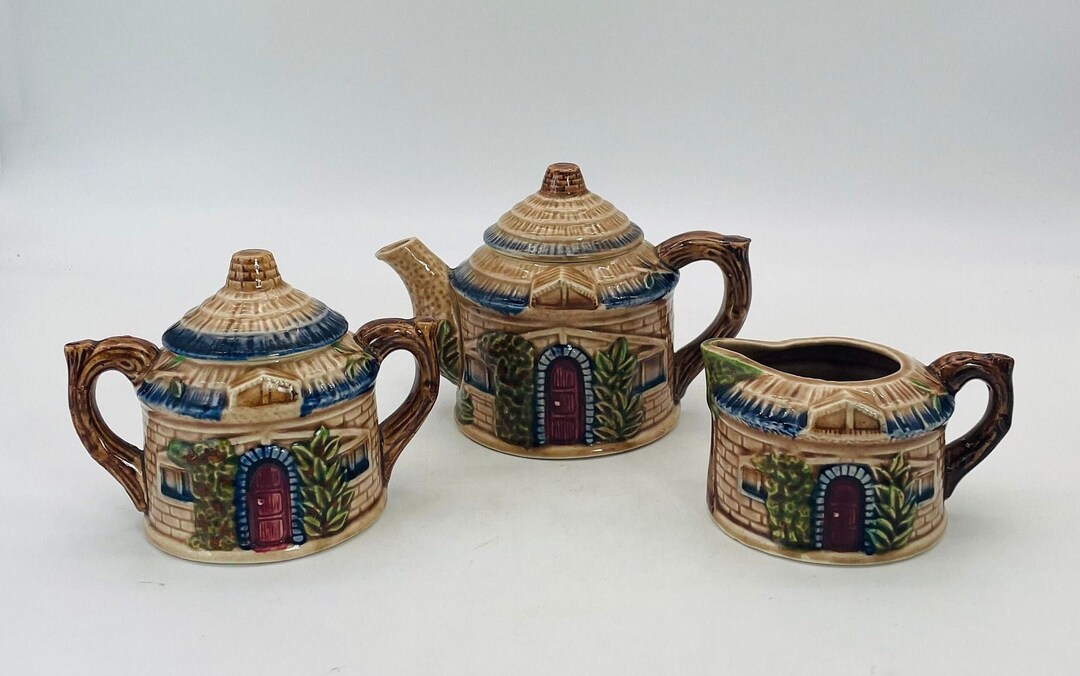 Midcentury Shafford Hand Decorated Cottage Tea Set - Tea Pot, Sugar ...