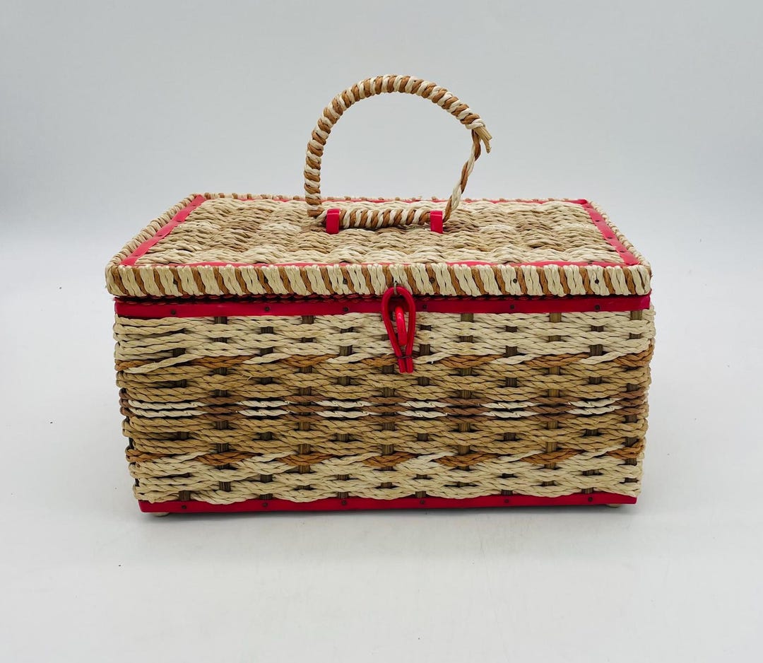 Dritz Rope Woven Sewing Box With Carrying Handle and Partial Spools of ...