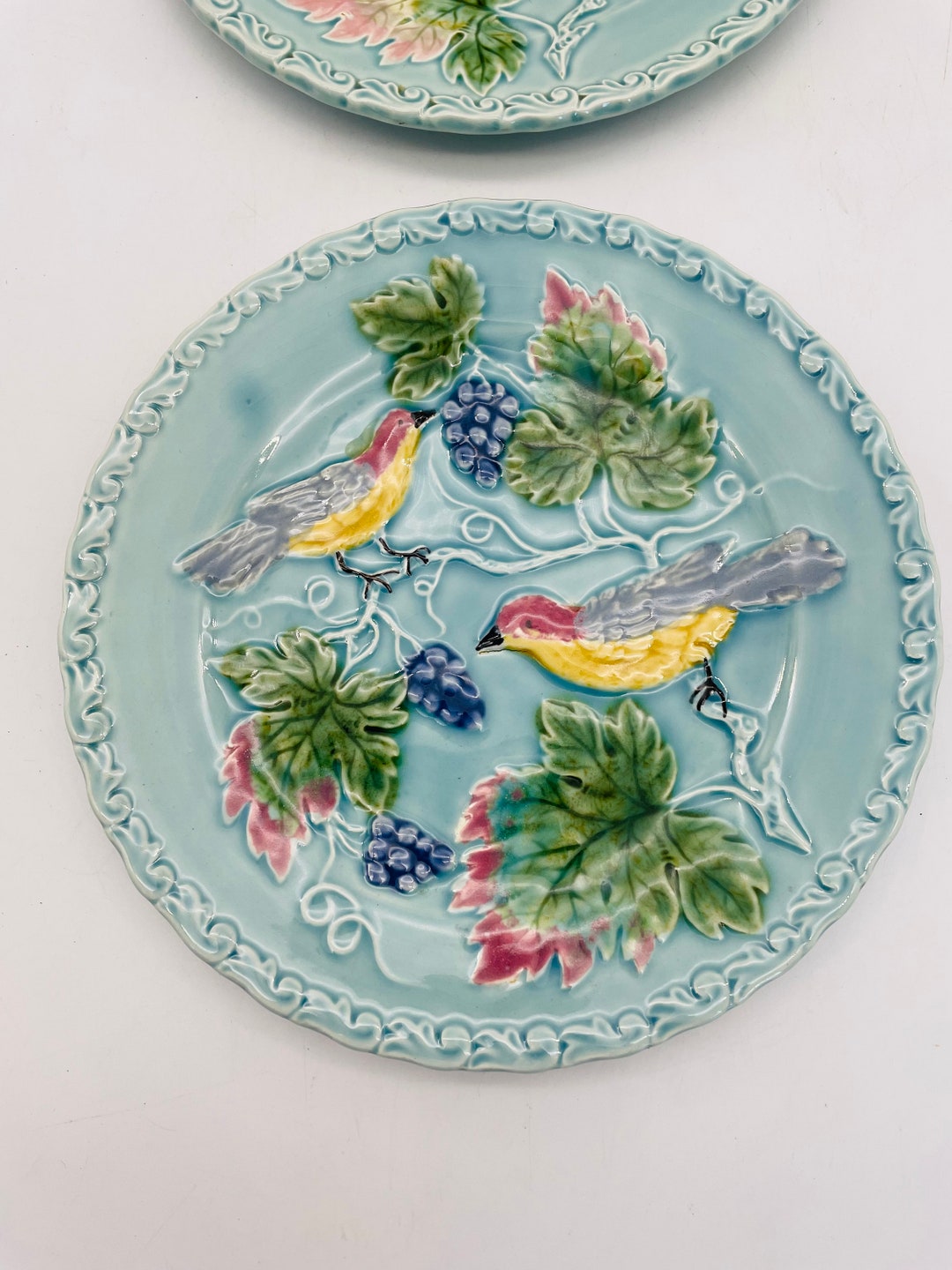 Antique Zell Pottery 7.75 Plates, Set of 2/birds and Grapes Design/made ...
