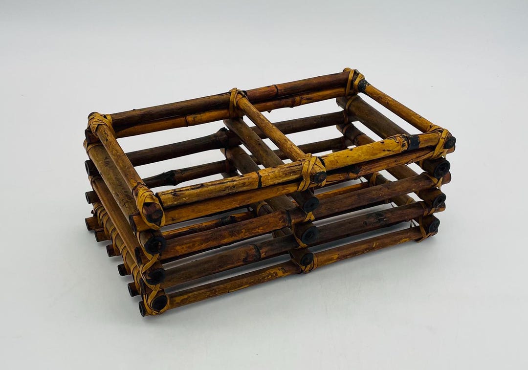 Midcentury Burnt Bamboo Sectioned Caddy - Wine Bottle Holder - Boho ...