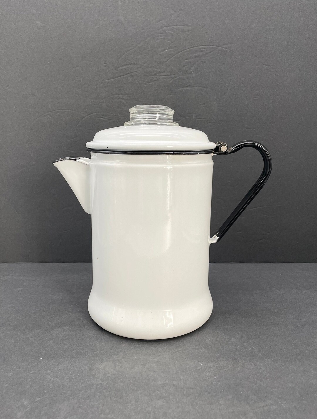 Vintage Large Enamelware Coffee Pot, White With Black Trim, Glass Knob ...