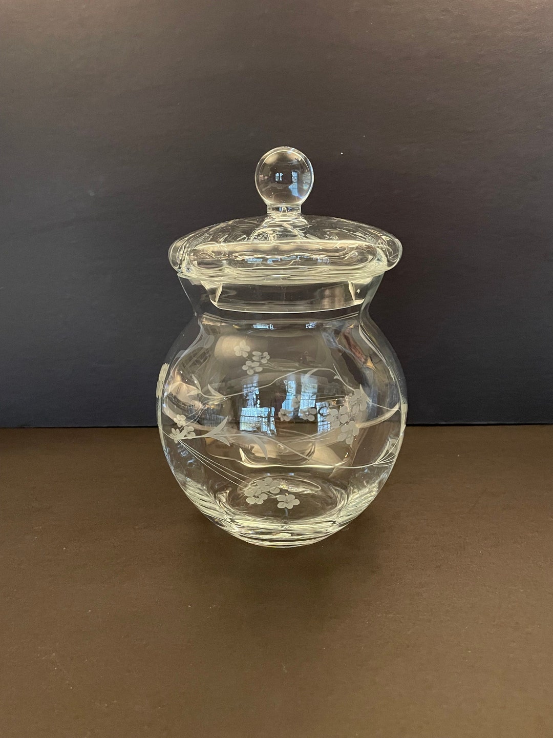 Beautiful Clear Glass Lidded Jar With Frosted Floral Etching/vintage ...
