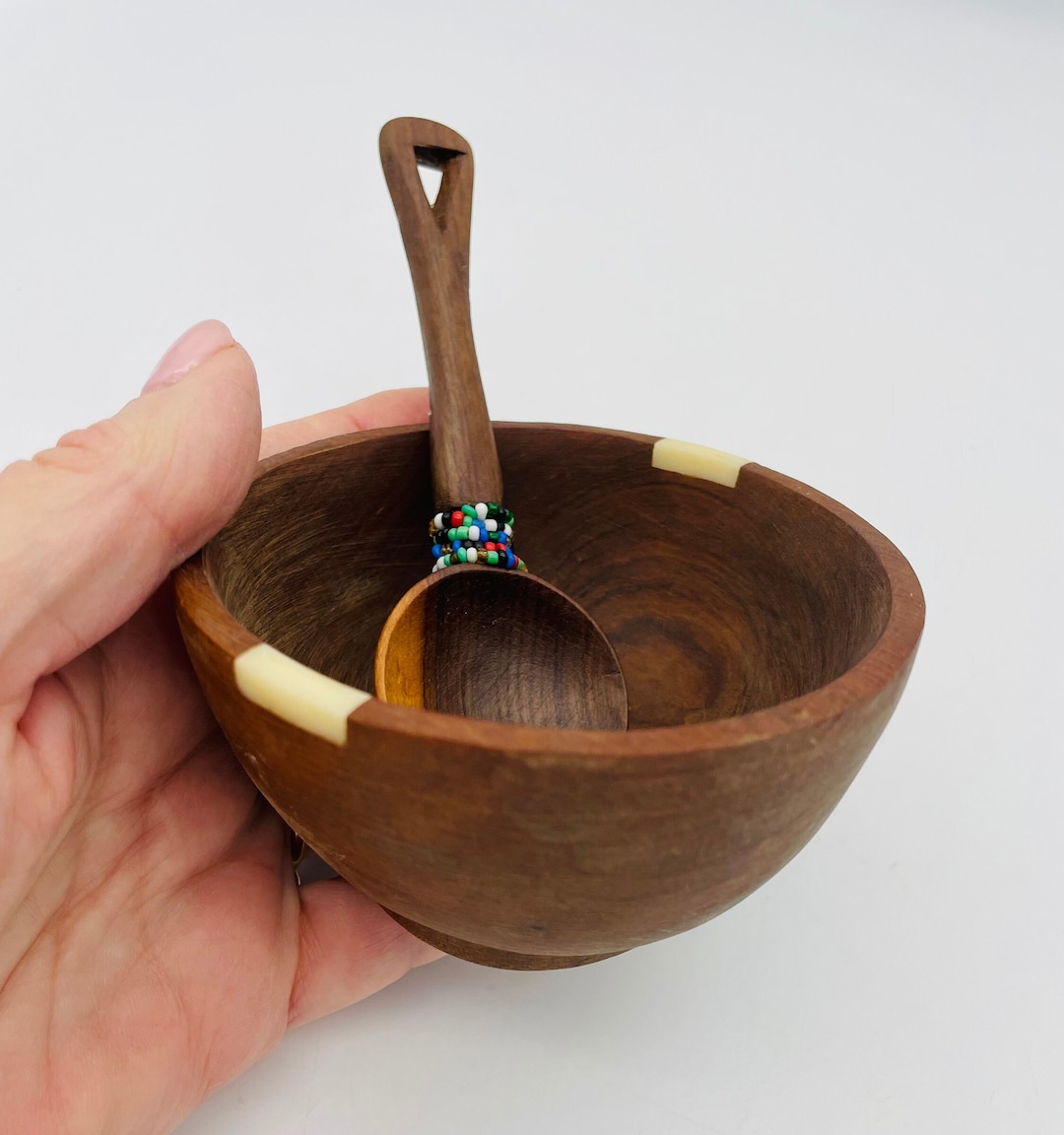 Solid Wood Salsa/condiment Bowl With Bead Decorated Spoon/vintage Salt ...