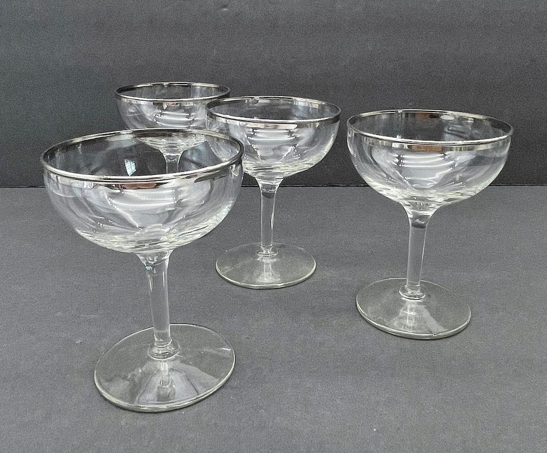 Silver Rimmed Coupe Champagne Glasses, Set of 2 Midcentury Coupe ...