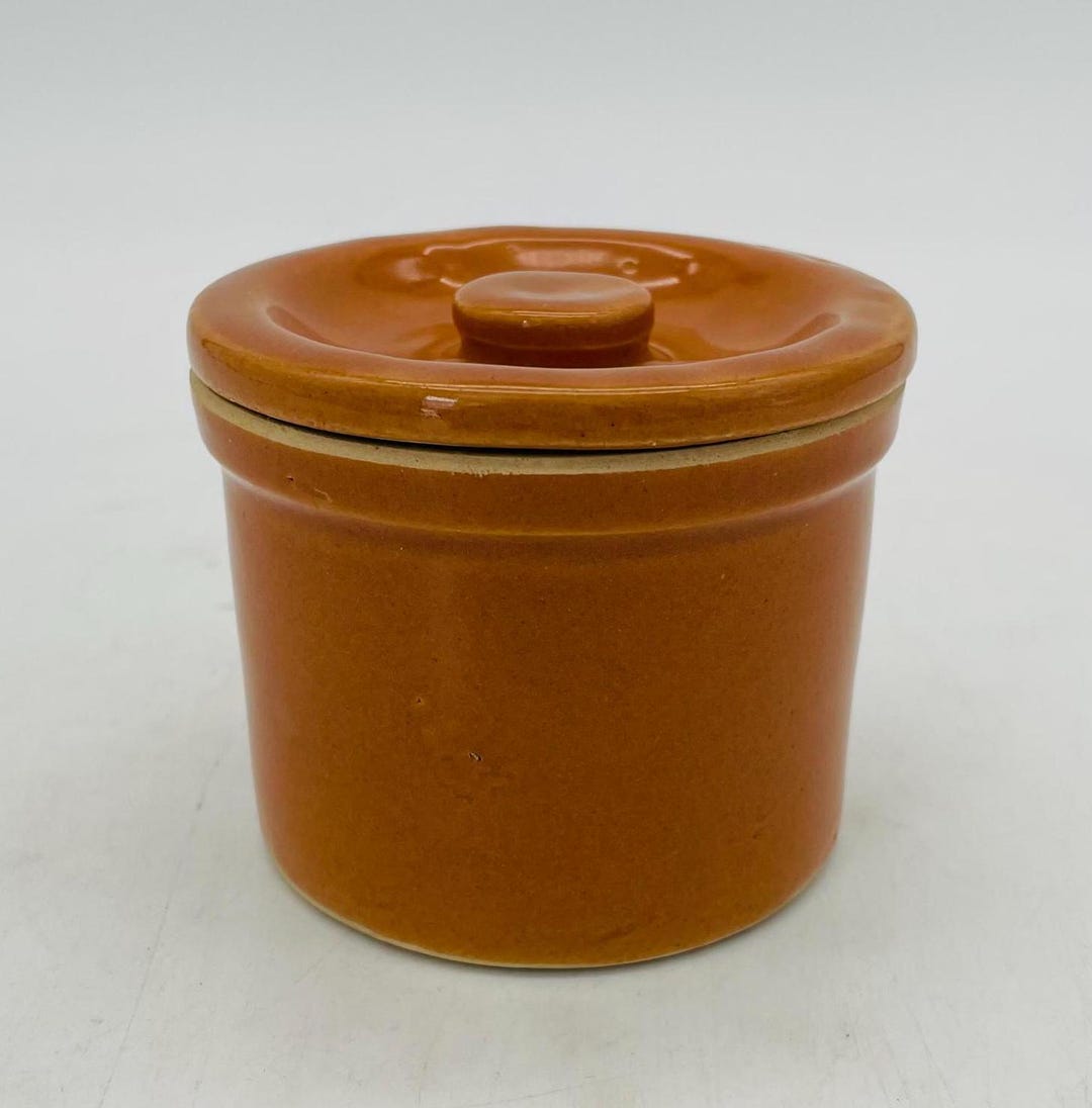 Brownish Orange Stoneware Mustard Crock - Lidded Crock - Small Storage ...