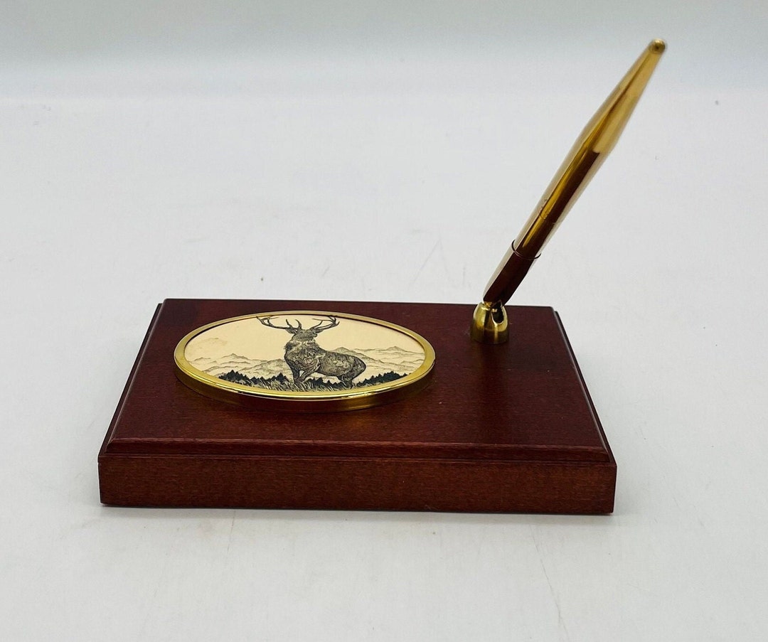 Vintage Elk Brass & Wood Desk Pen Holder, Felt Bottom - Etsy