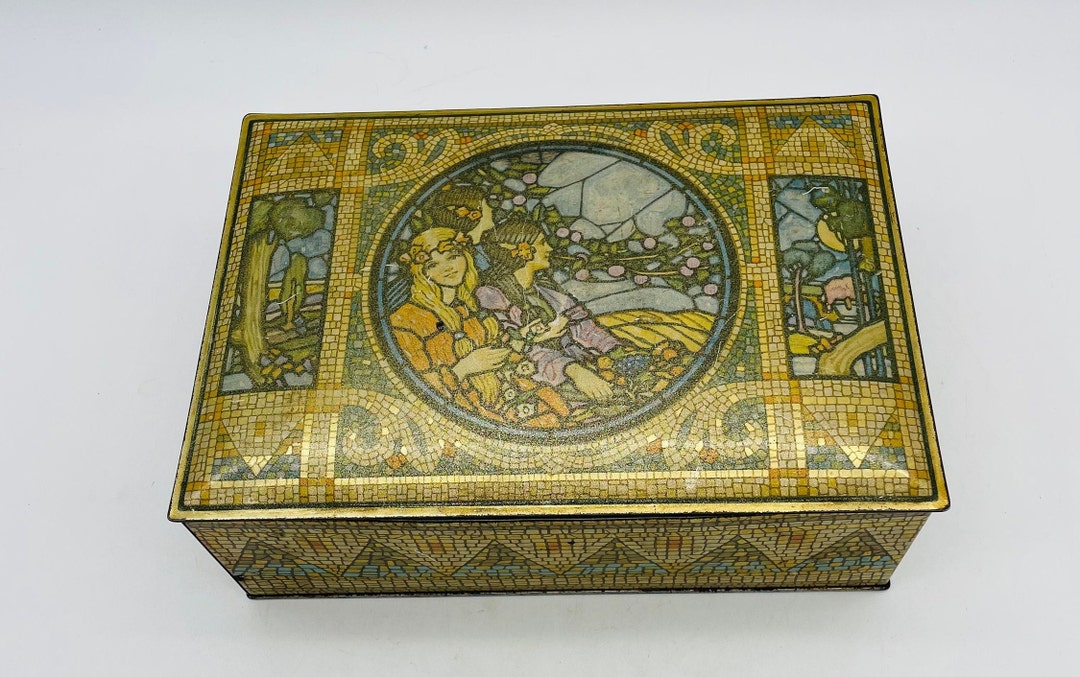 Lovely Art Noveau Canco Tin Flip Top Box 3 Ladies, Stained Glass Look ...