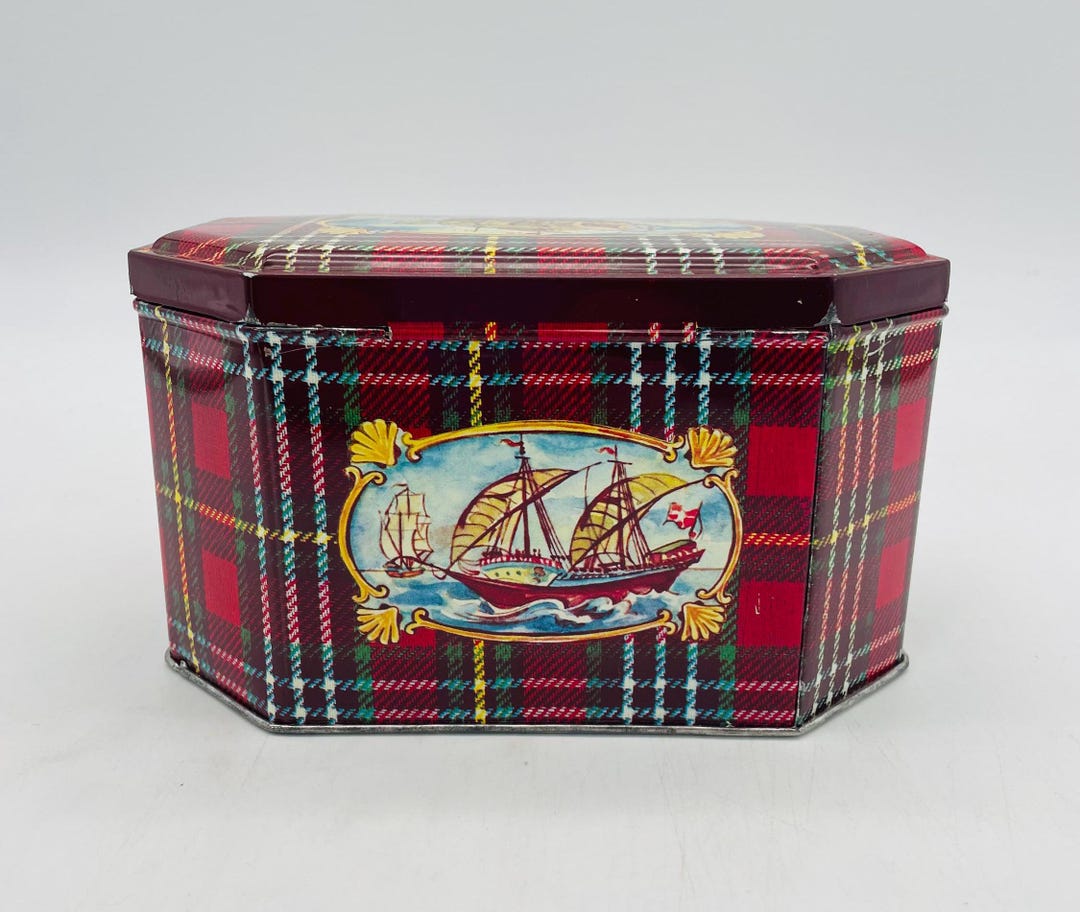 Plaid Sailing Ship Octagon Tin Made in West Germany Nautical Storage ...