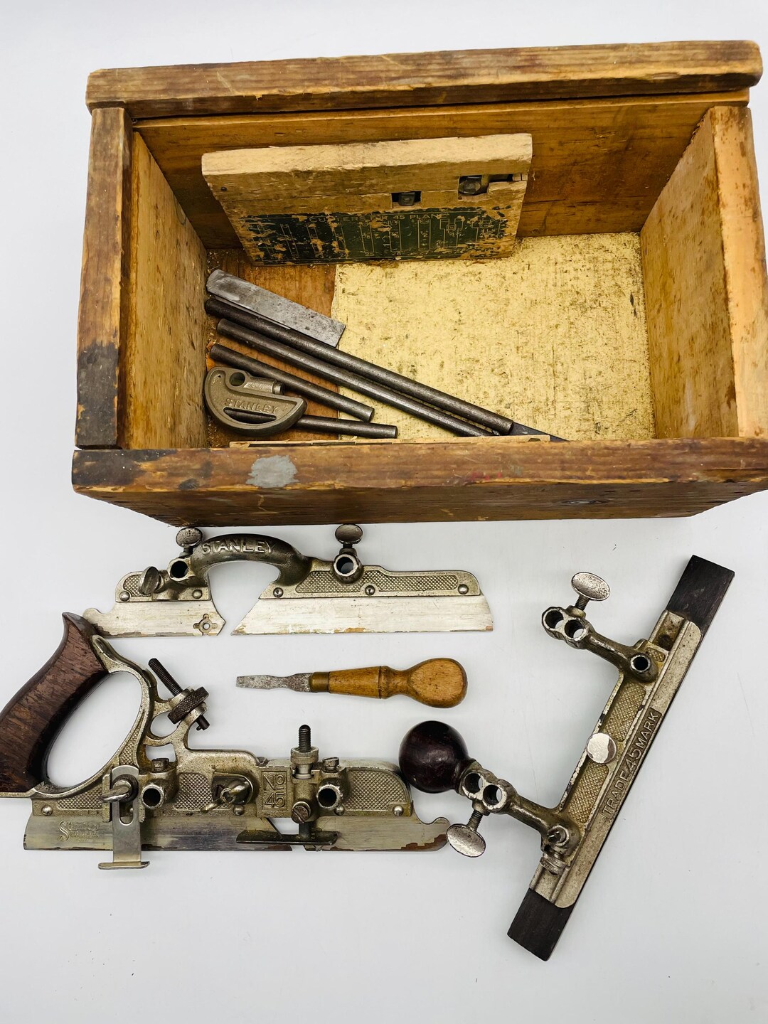 Antique Stanley No. 45 Plane Tools and Cutters in Original Wood Slide ...