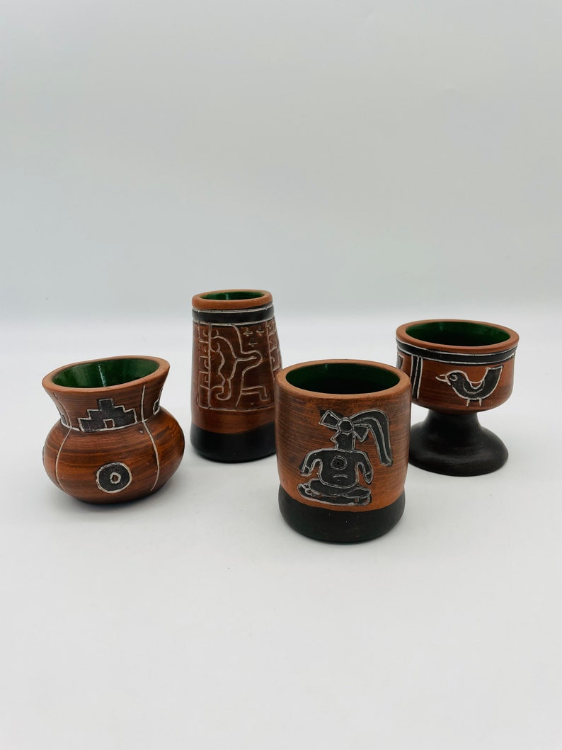 Mexican Handcarved Art Pottery Cups/vases Aztec Design - Etsy