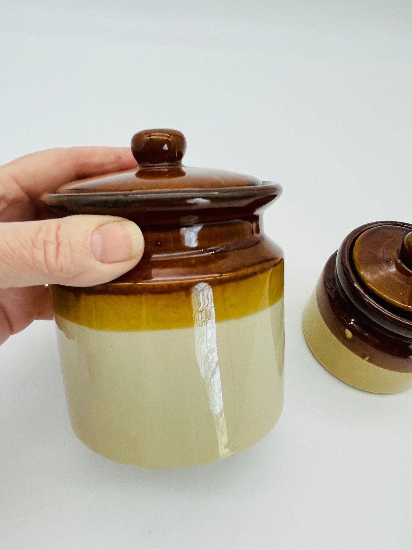 Pair of Stoneware Crocks With Lids/vintage Kitchen Pottery Jars/mustard ...