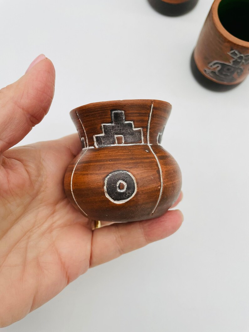 Mexican Handcarved Art Pottery Cups/vases Aztec Design - Etsy