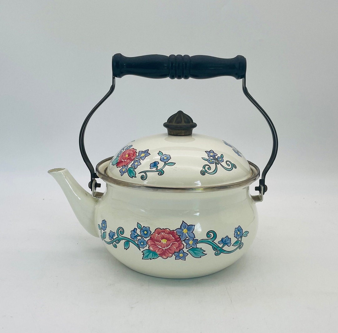 Vintage Normandy Enamel Floral Tea Kettle With Wood Handle - Etsy