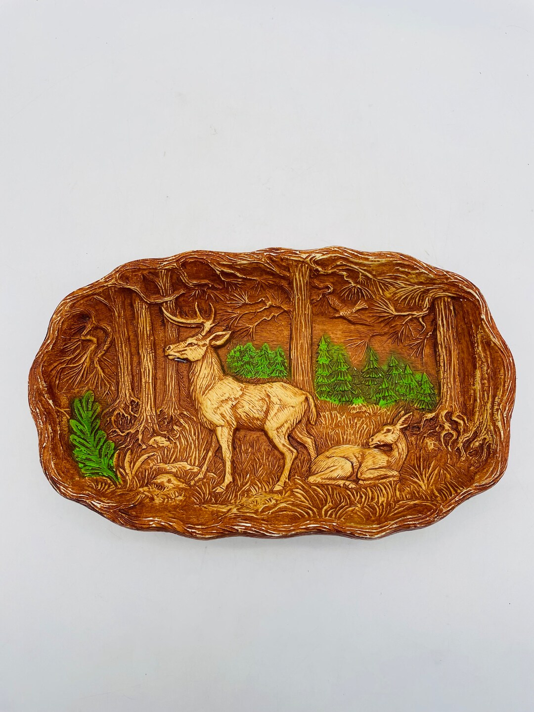 Midcentury Faux Wood 3D Buck & Doe Deer/woods Shallow Oval Bowl - Multi ...