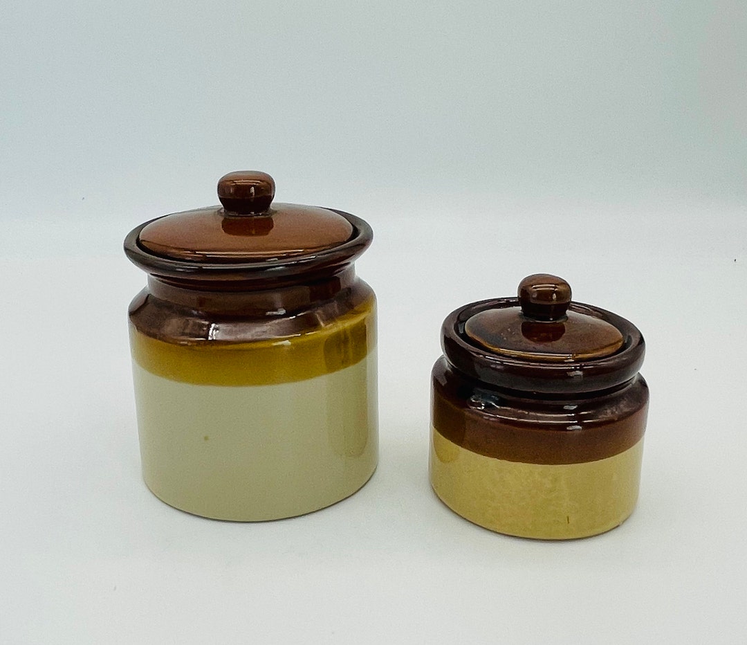 Pair of Stoneware Crocks With Lids/vintage Kitchen Pottery Jars/mustard ...