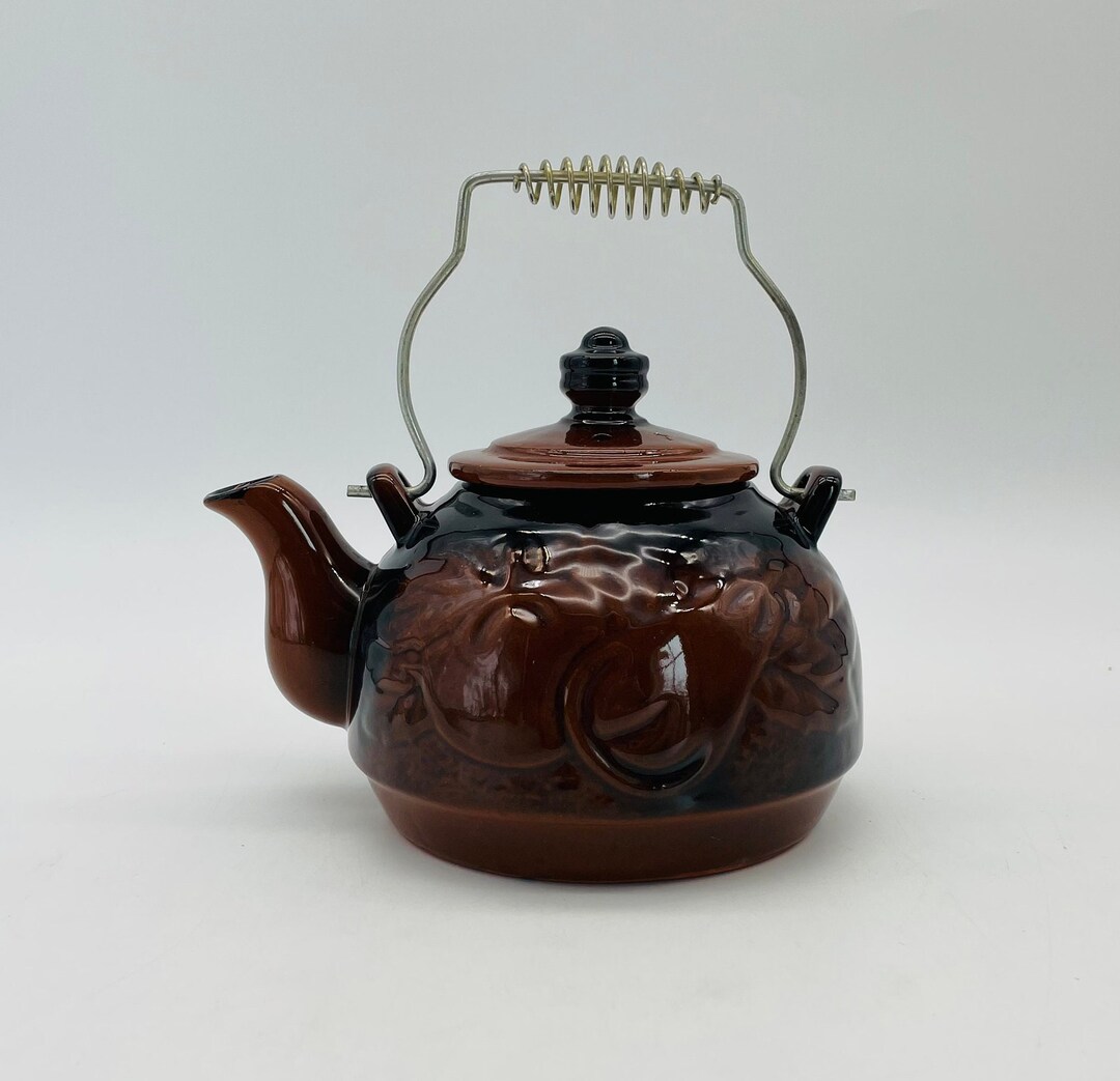 Midcentury Brown Glaze Redware Teapot With Fruit Motif and Wire Handle ...