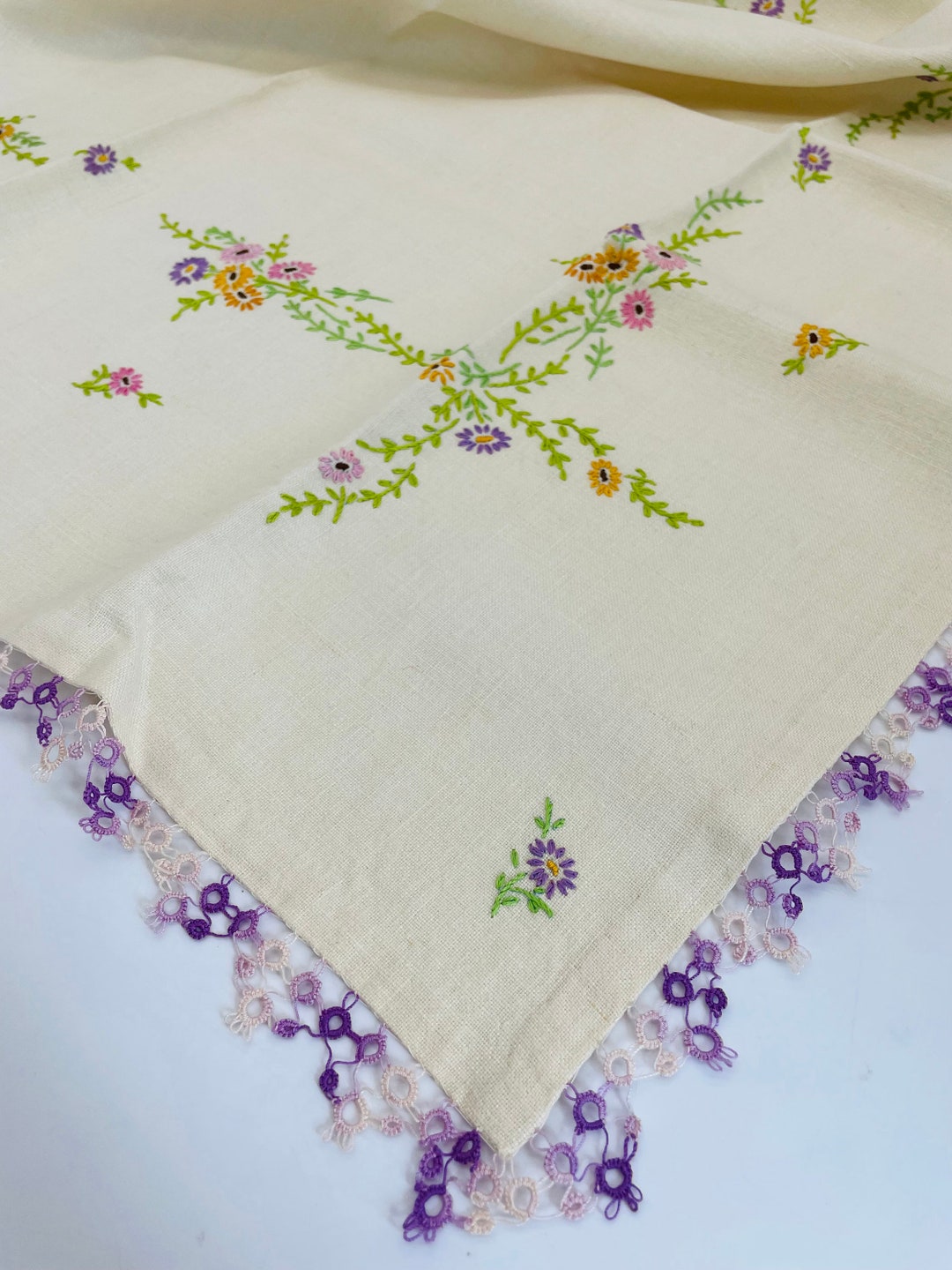 Linen Embroidered Floral Lace Edge Table Center Cloth - Etsy