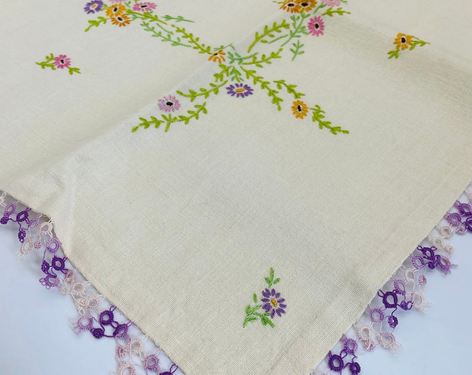Linen Embroidered Floral Lace Edge Table Center Cloth - Etsy