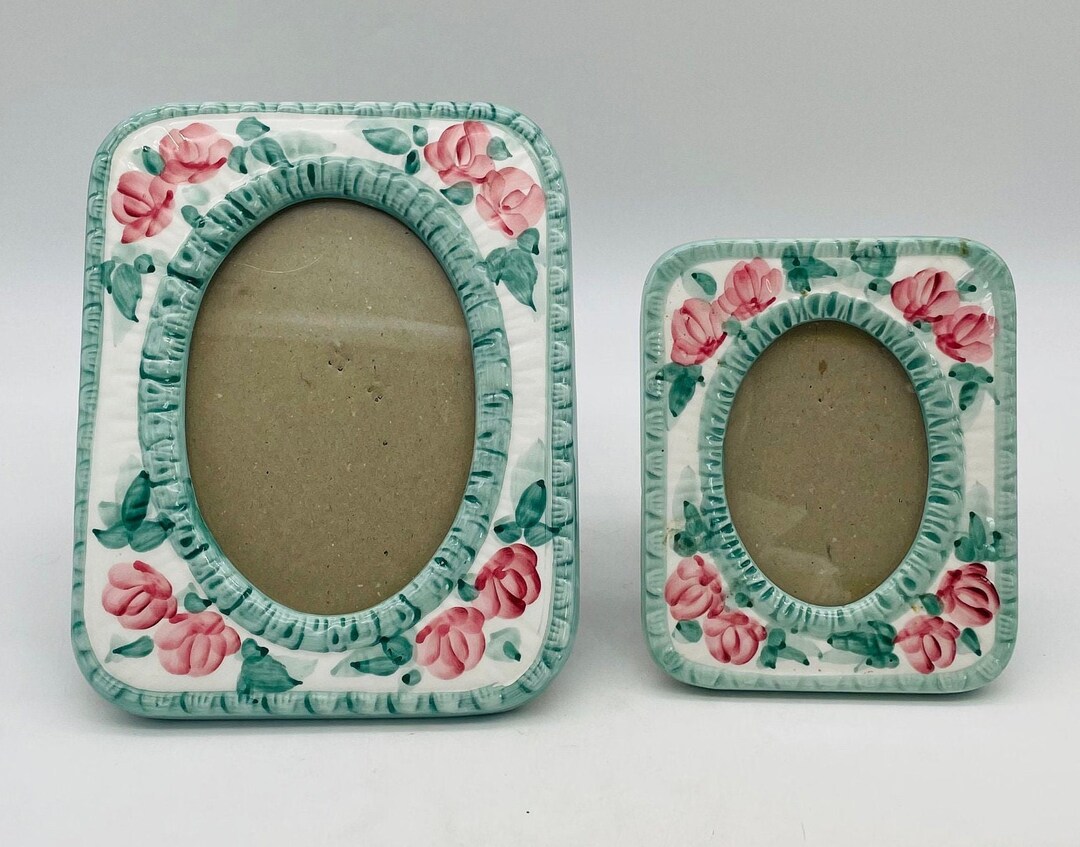Lovely Ceramic Pink & Green Floral Photo Frame Set/5" X 7" and 3.5" X 5 ...