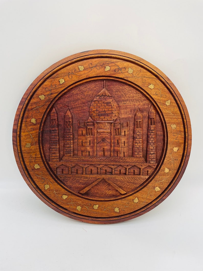 Taj Mahal Hand Carved Solid Wood Wall Plaque With Brass Leaf Inlay - Etsy
