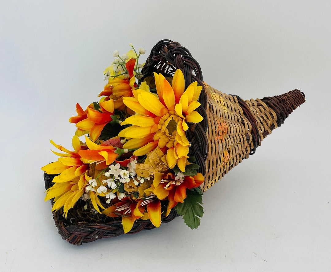 Wicker Woven Cornucopia Basket With Faux Flowers/horn of Plenty Basket ...