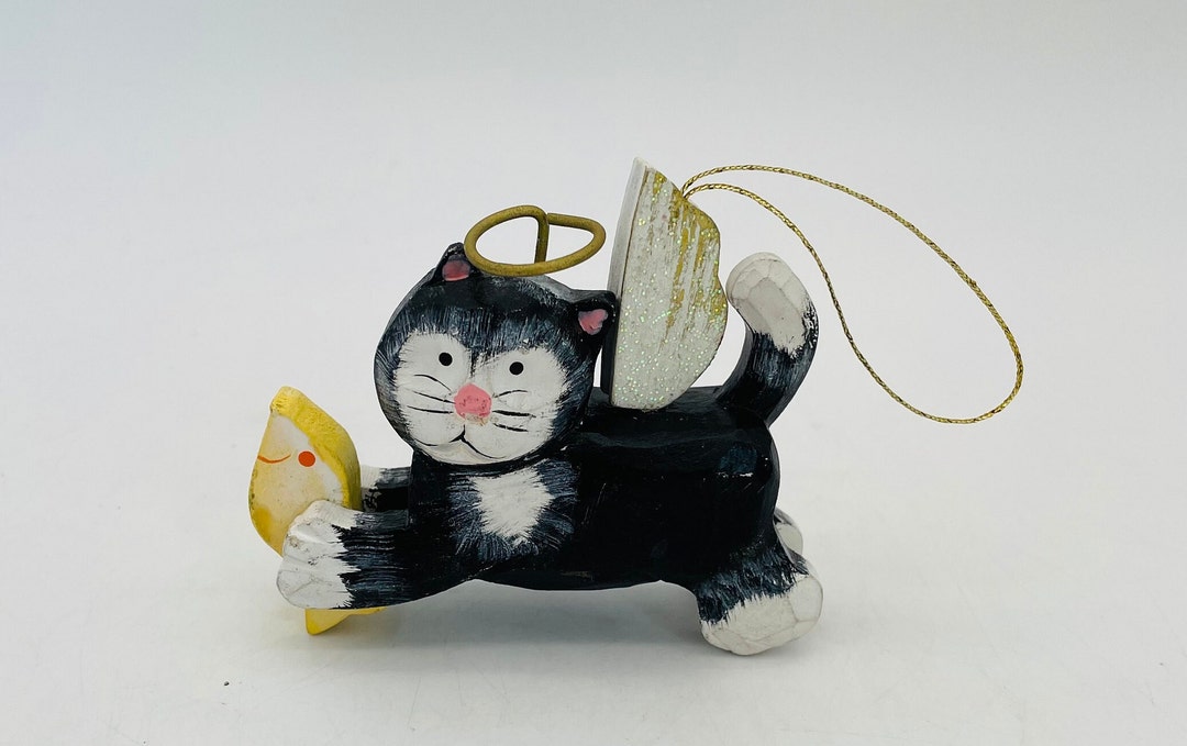 Sweet Solid Wood Carved Cat Angel Tree Ornament/cat Lover Ornament - Etsy