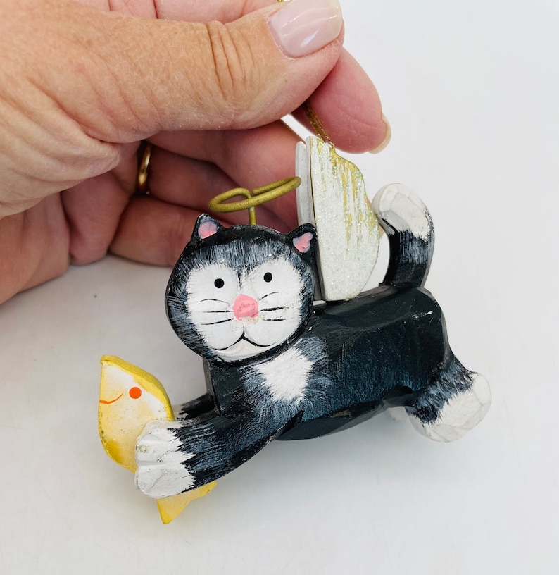 Sweet Solid Wood Carved Cat Angel Tree Ornament/cat Lover - Etsy