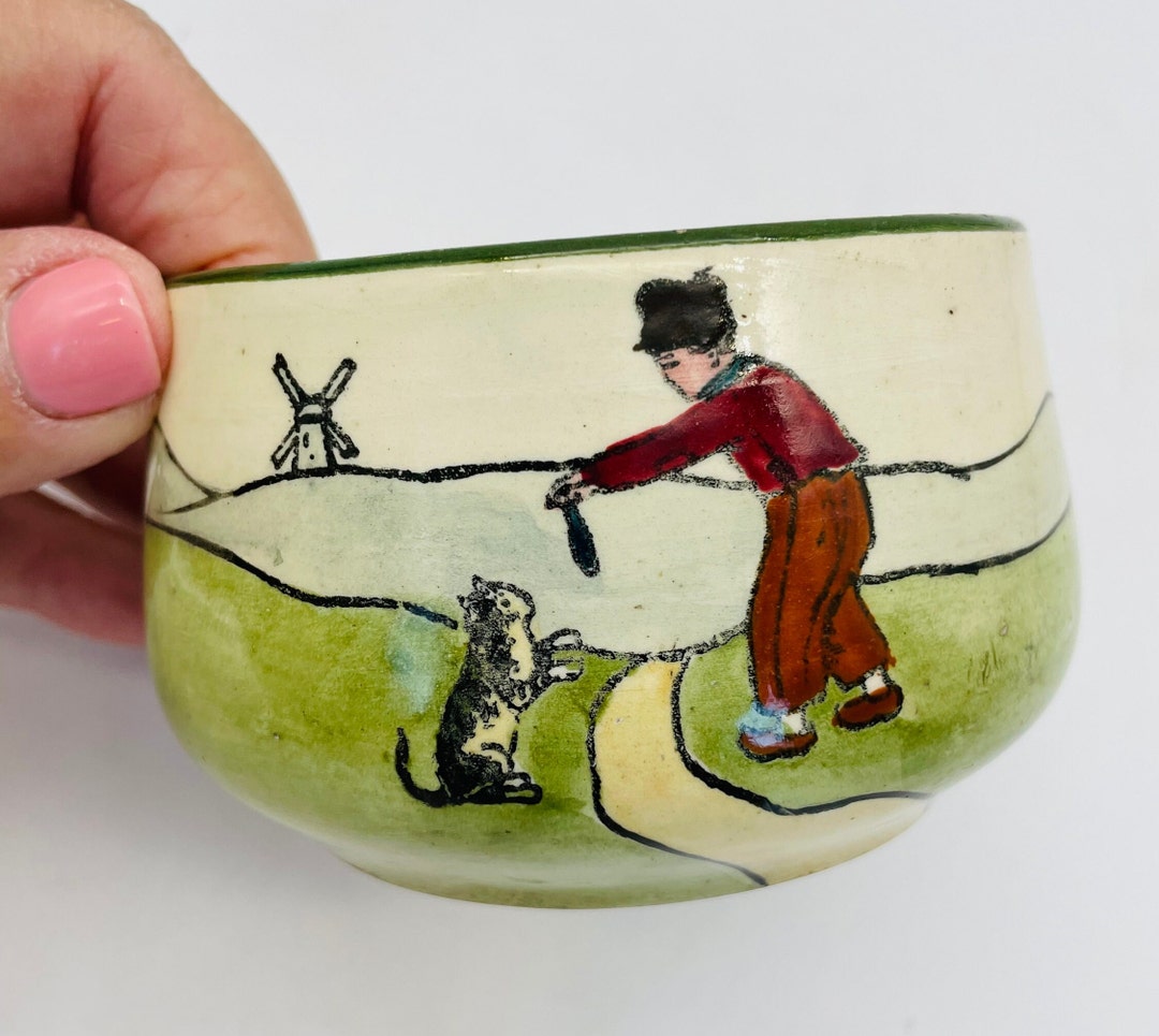 Sweet Haag Pottery "boy Feeding Cat a Fish" Small Bowl/planter - Made ...