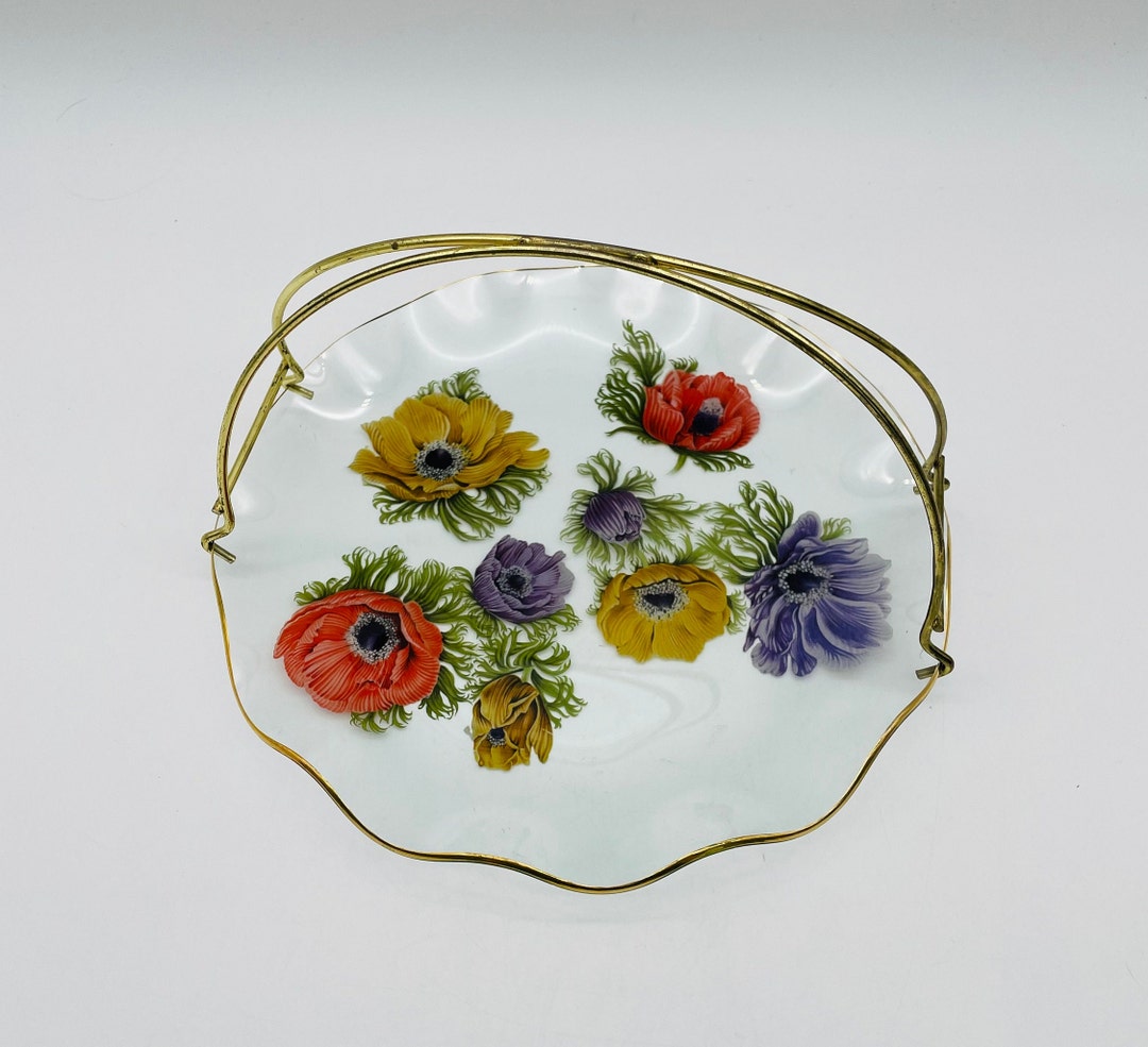 Reverse Painted Poppy Ruffled Edge Serving Plate With Removable Metal ...