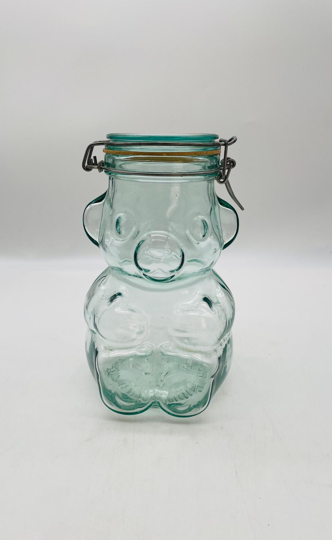 Vintage SVE Hermetic A Green Glass Teddy Bear Metal Latch Jar/animal ...