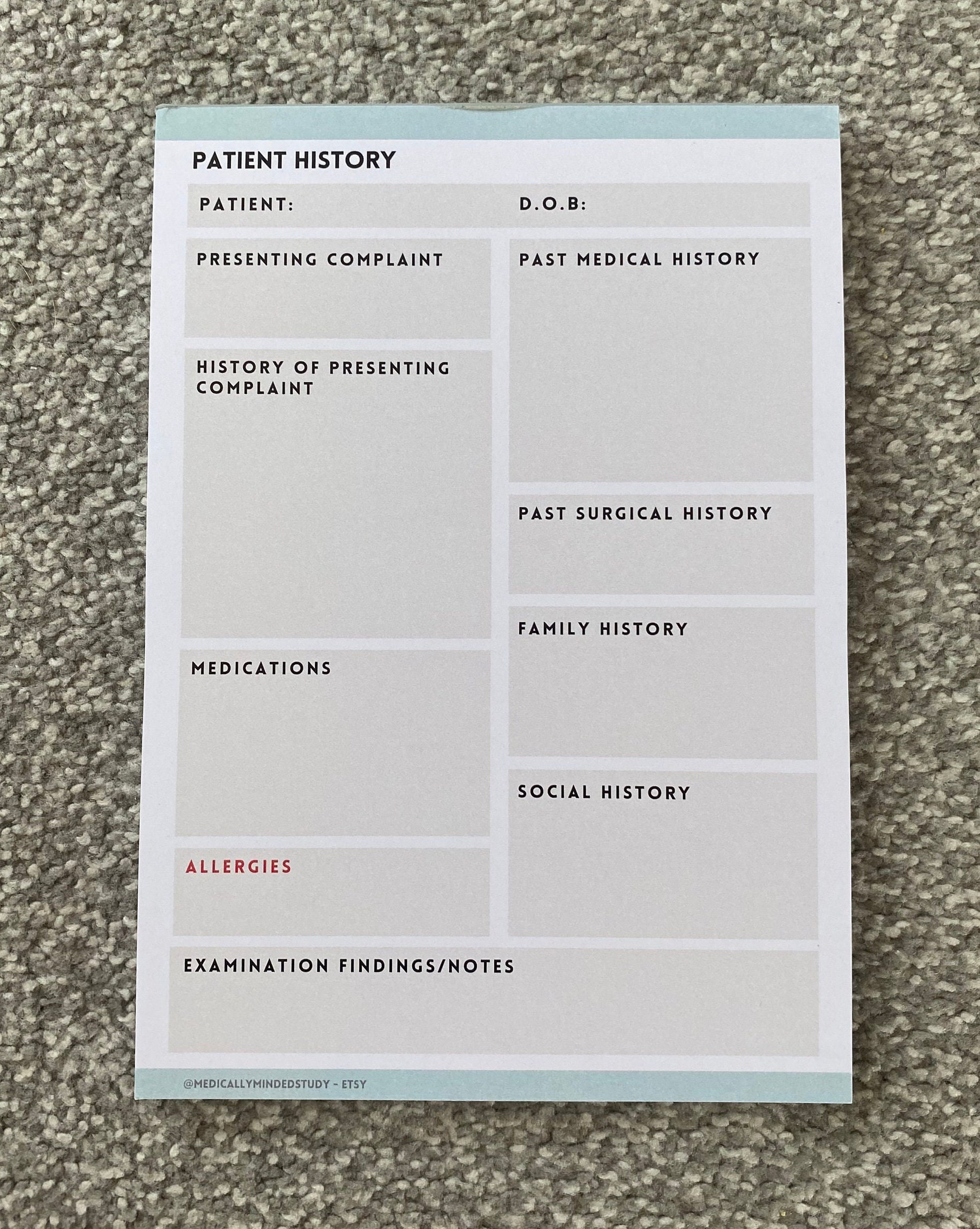 A5 Patient History Taking Template Notepad for Medical/nursing ...
