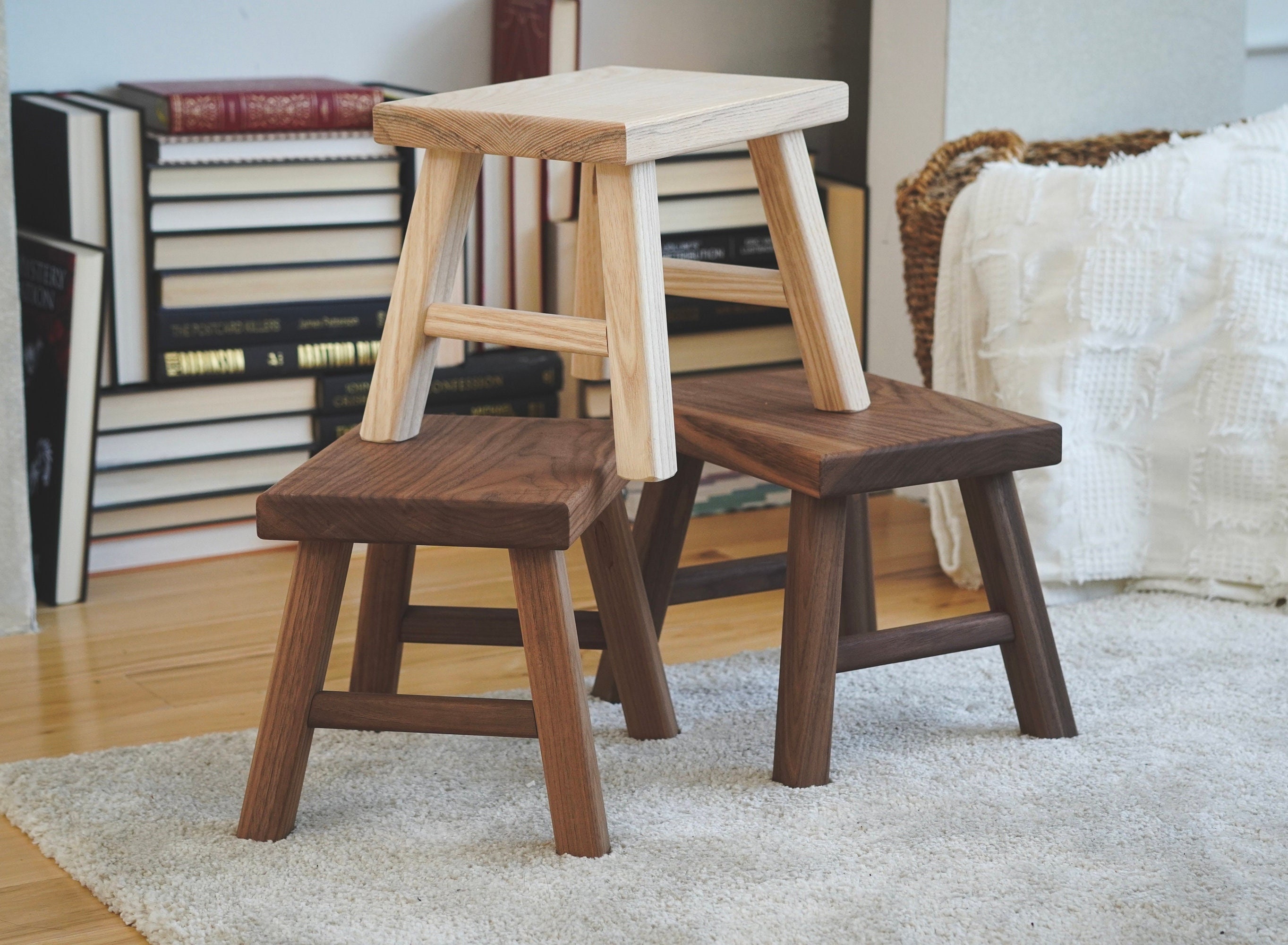 Small Solid Wood Step Stool, Minimalist Wooden Stool, Natural Finish ...