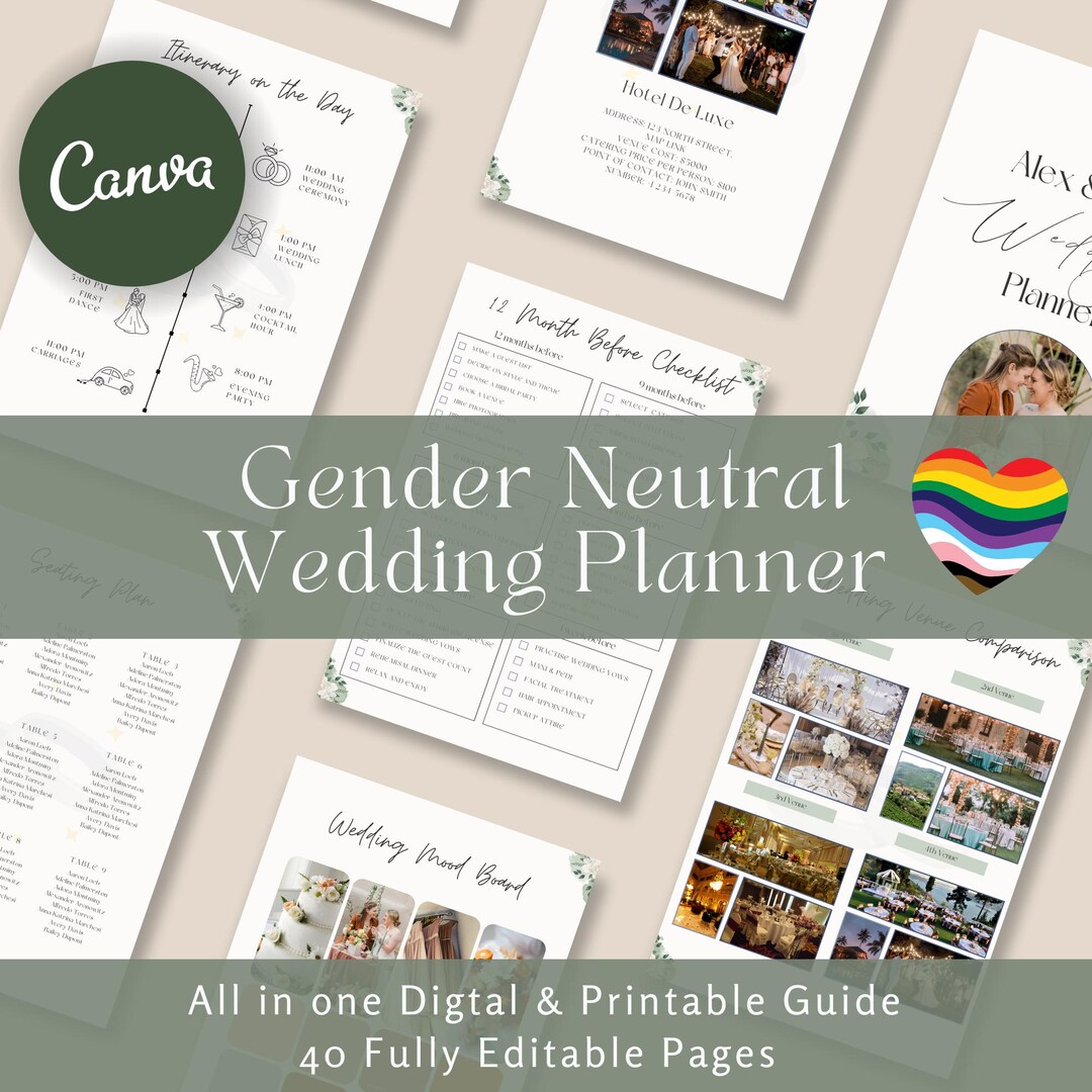 Gender Neutral LGBTQ+ Wedding Planner: 40 Page Canva Template (editable ...