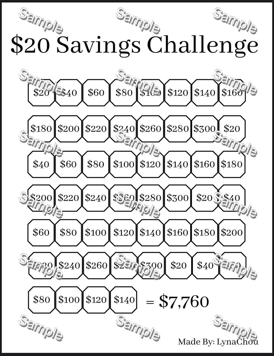 20 Dollar Savings Challenge, 52 Weeks Savings Challenge, 1 Year Savings ...