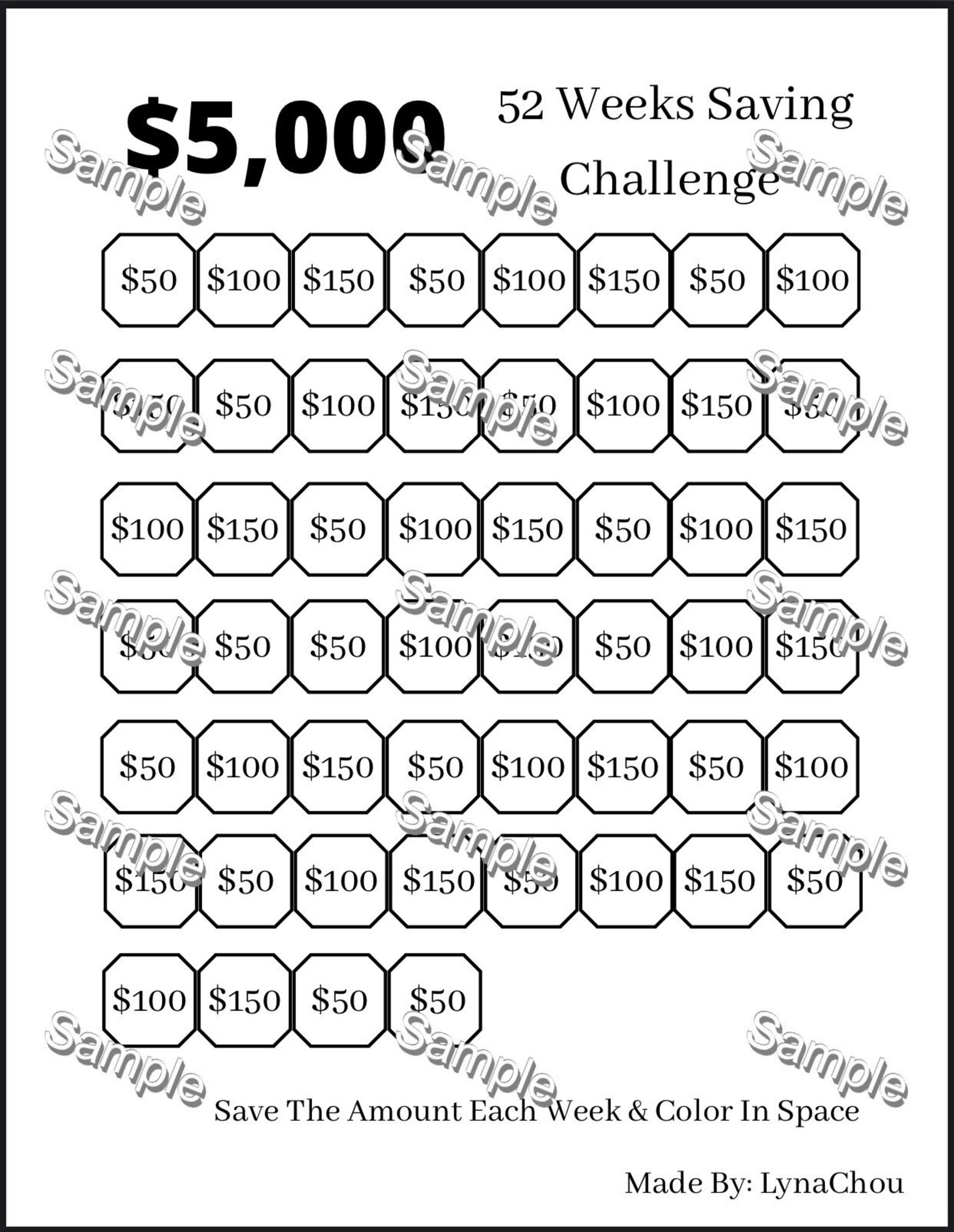 5k 52 Weeks Saving Challenge, 5k in One Year, Budget, Savings Chsllenge ...