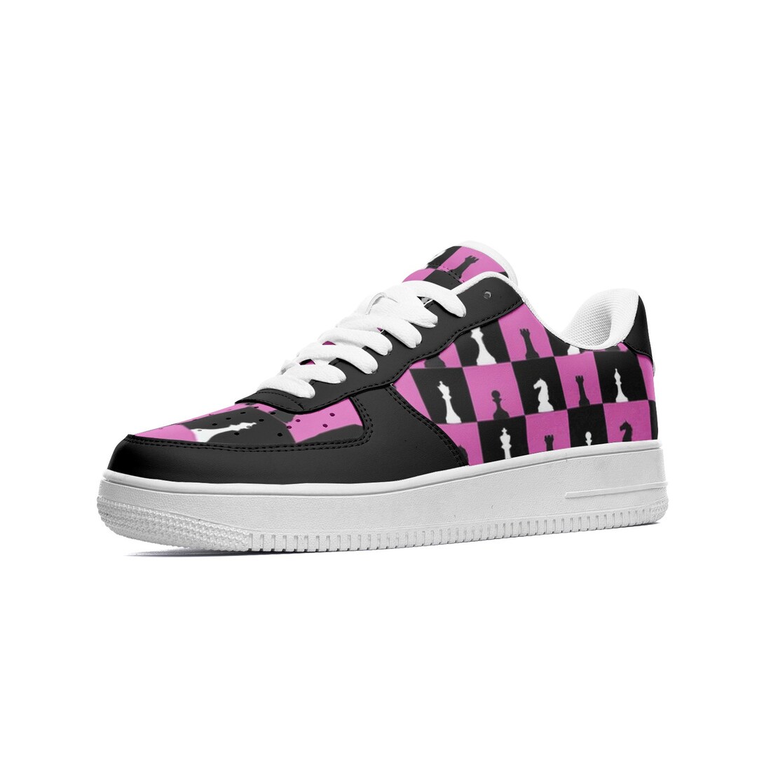 Chessboard Sneakers: Pink and Black Chess Design Shoes, Unisex Low Top ...
