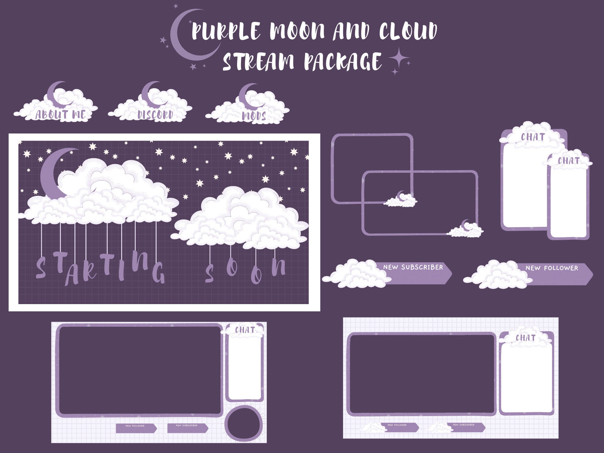Purple Celestial Moon Cloud Animated Twitch Overlays, Cozy Twitch ...