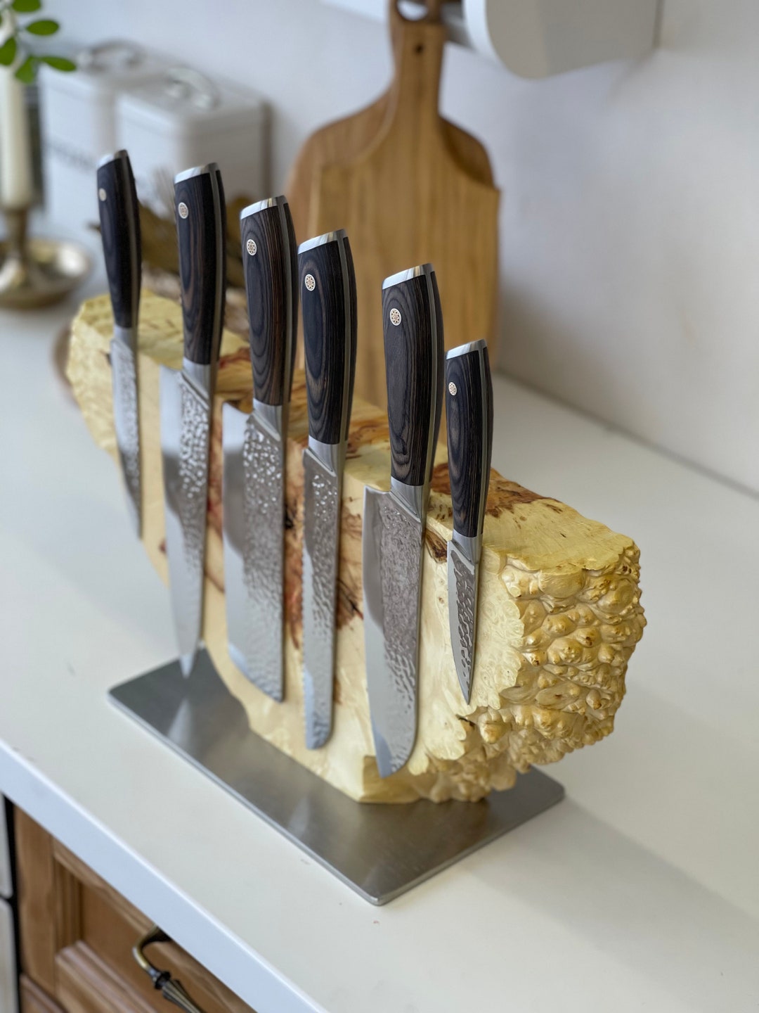 Burl Wood Live Edge Knife Block,magnetic Knife Board,kitchen Knife ...