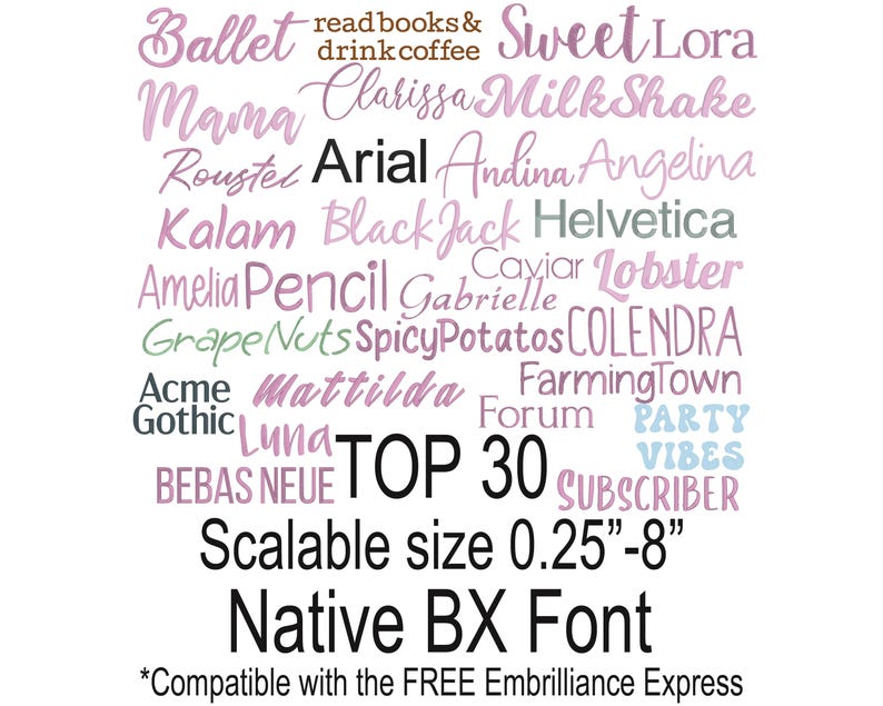 Top 30 Bundle Fonts Satin Stitch Native Scalable Sizes 0.25 - 8 Inches ...